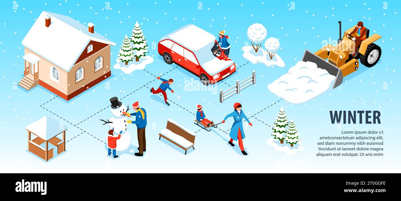 Winter city isometric infographics demonstrating snow cleaning ...