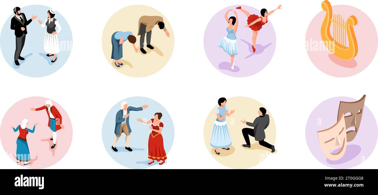 Theater isometric round compositions with ballet dancers and dramatic ...