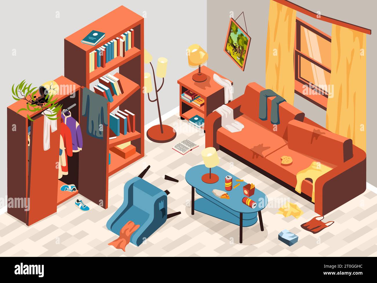 Messy room interior with scattered clothing on sofa leftovers on coffee ...