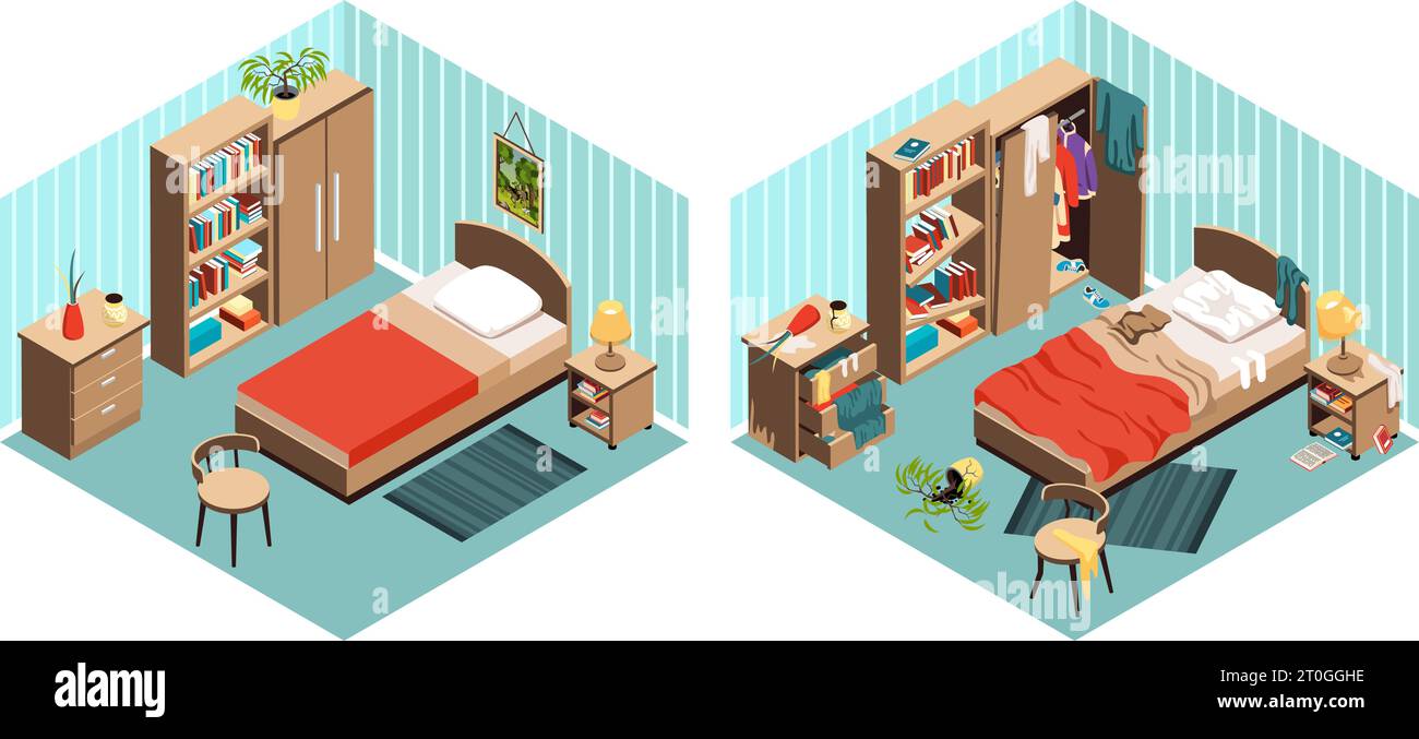 Comparison of living room interiors before and after cleaning isolated ...