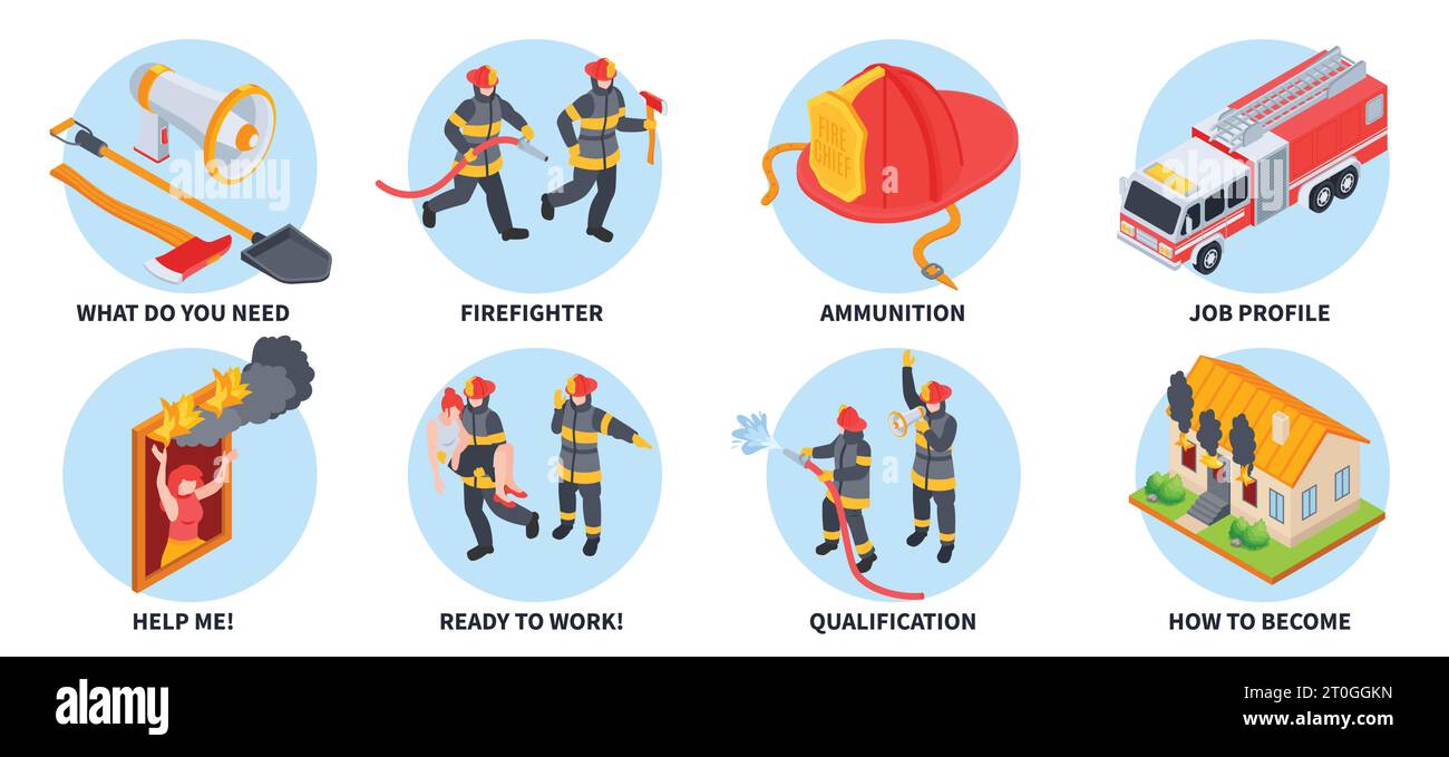 Isometric firefighter set of isolated round compositions with editable ...