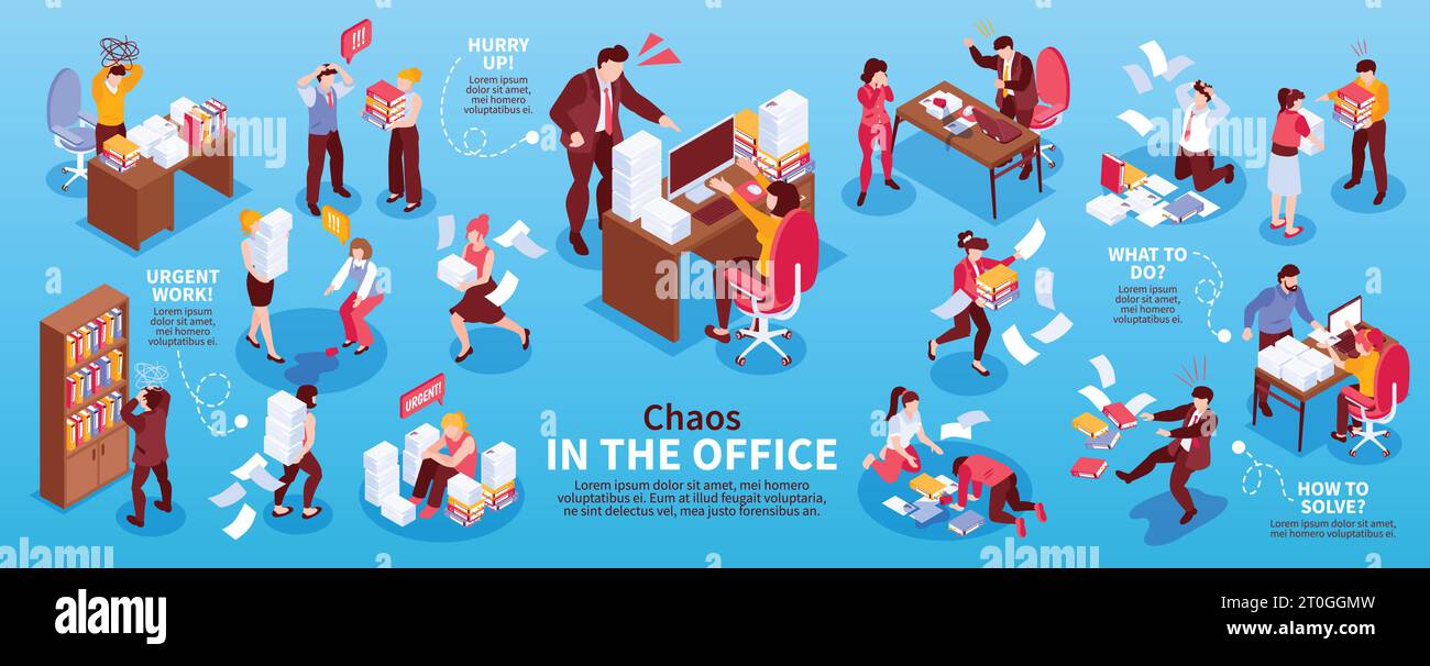 Isometric office chaos infographics with set of isolated compositions ...
