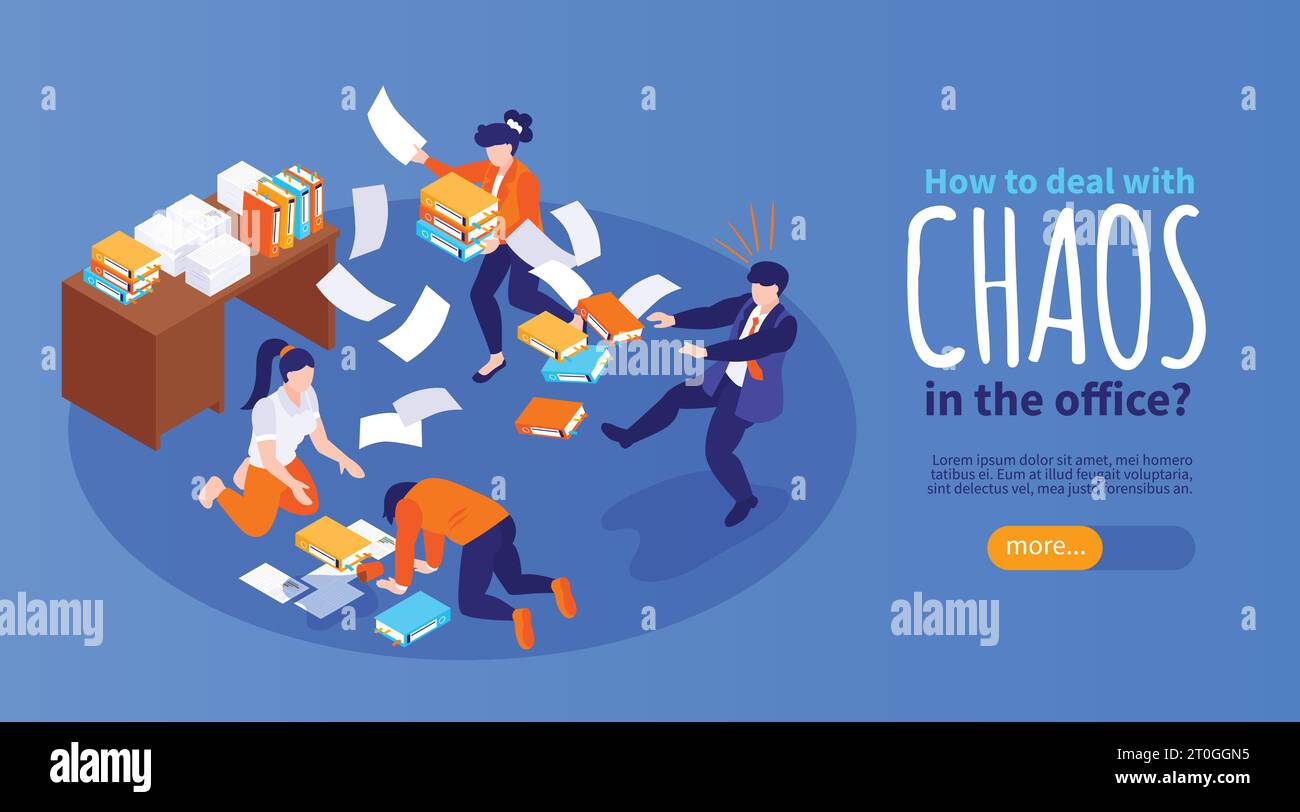 Isometric office chaos horizontal banner with text and crawling people ...