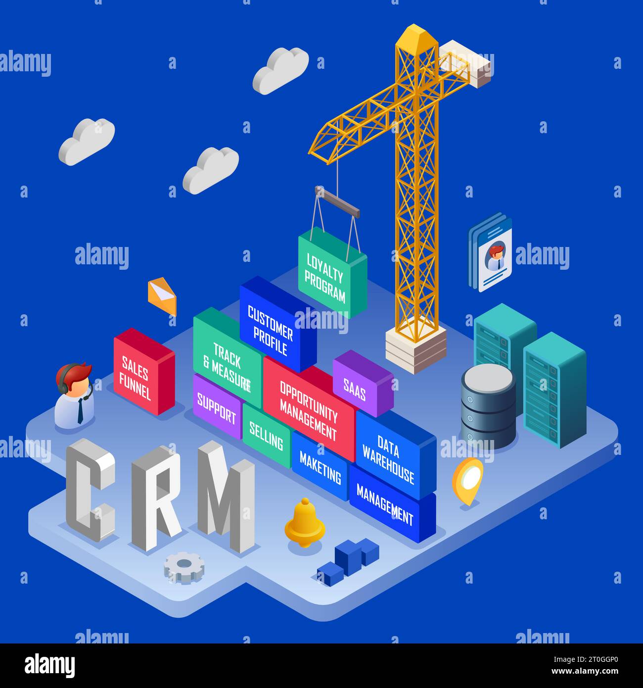 CRM isometric concept with customer loyalty building and management ...