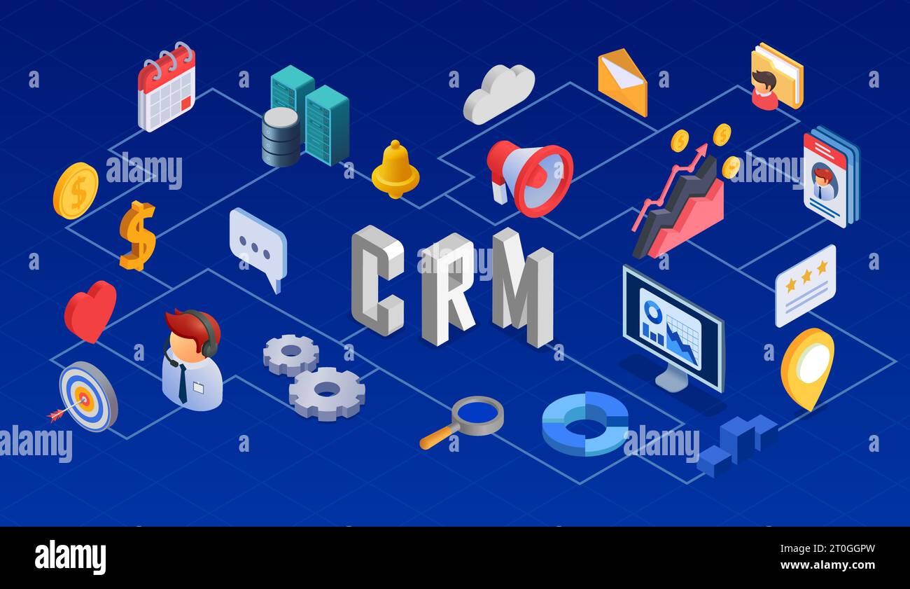 CRM isometric flowchart with customer relationship management symbols ...