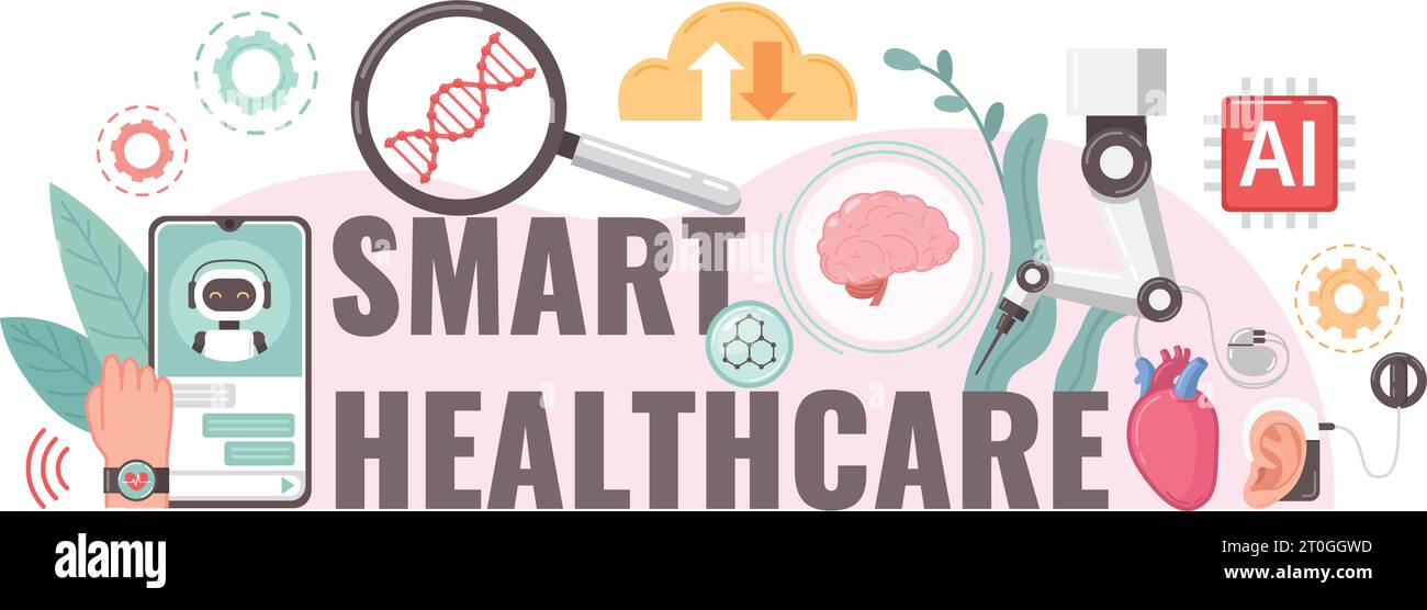 Smart healthcare digital health flat composition of text gear icons ...
