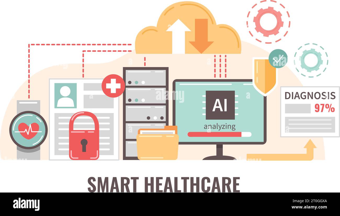 Smart healthcare digital health flat composition of text and gadget ...