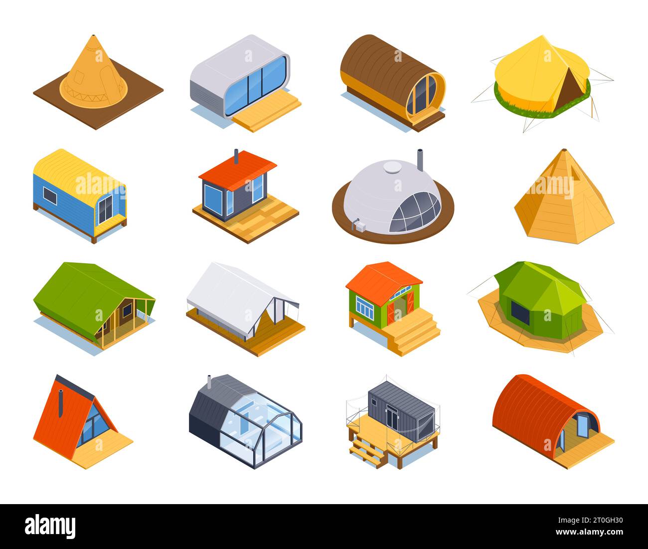 Isometric glamping set of isolated eco houses tents and modern style ...