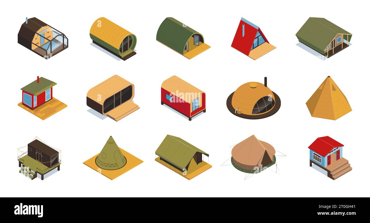 Isometric glamping colors set of isolated modern style eco houses ...