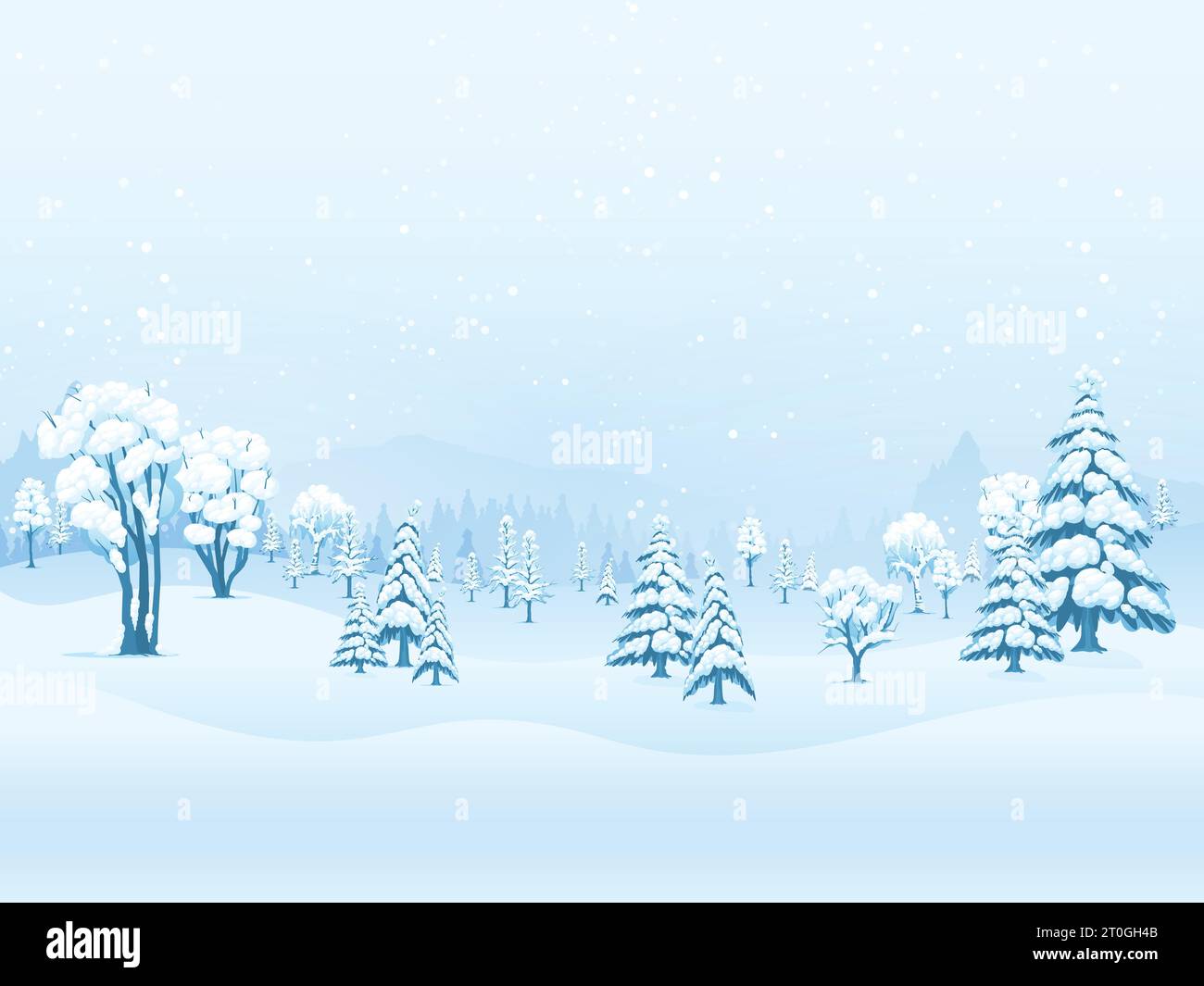 Winter landscape blue background with snowdrifts snowfall and trees ...