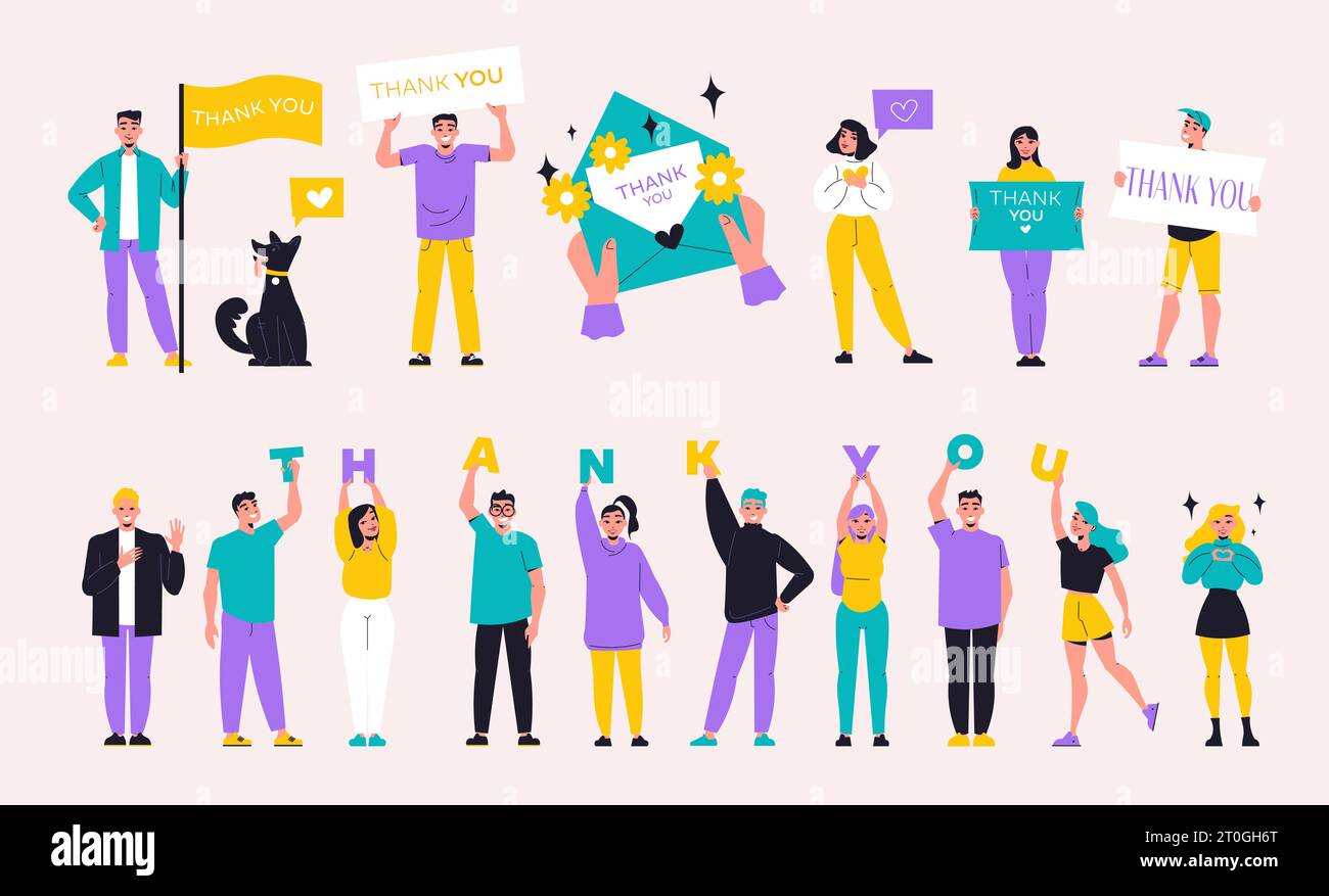 Gratitude flat icons set with people holding thank you letters isolated ...