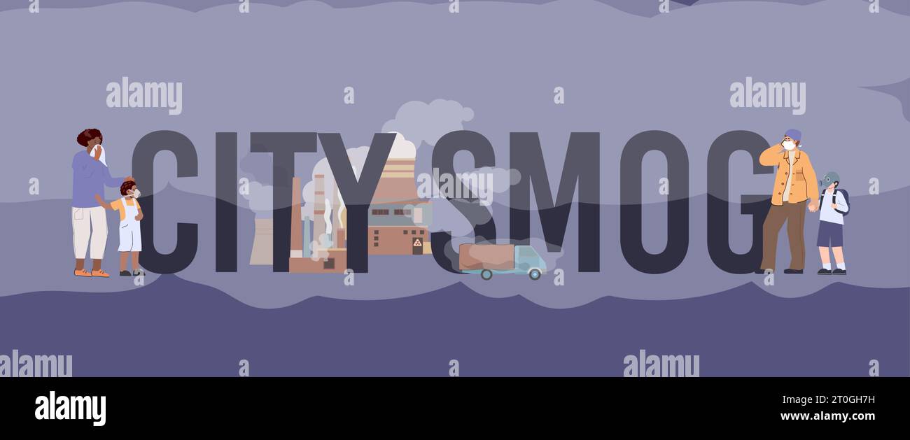 City smog composition with flat text surrounded by image of foggy ...