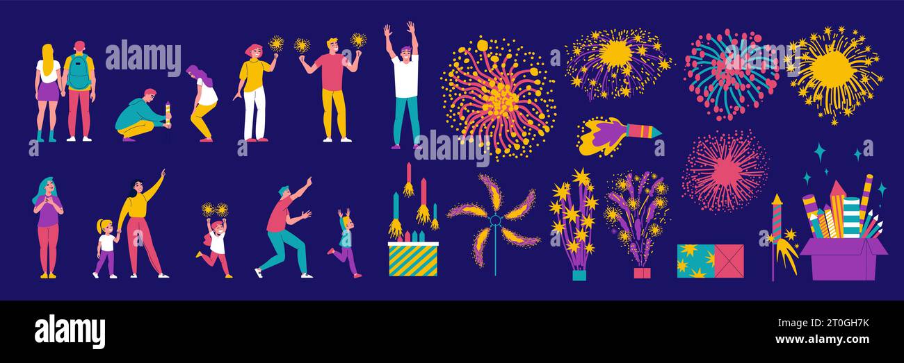 Firework flat icons set with joyful people and colorful fire explosions ...