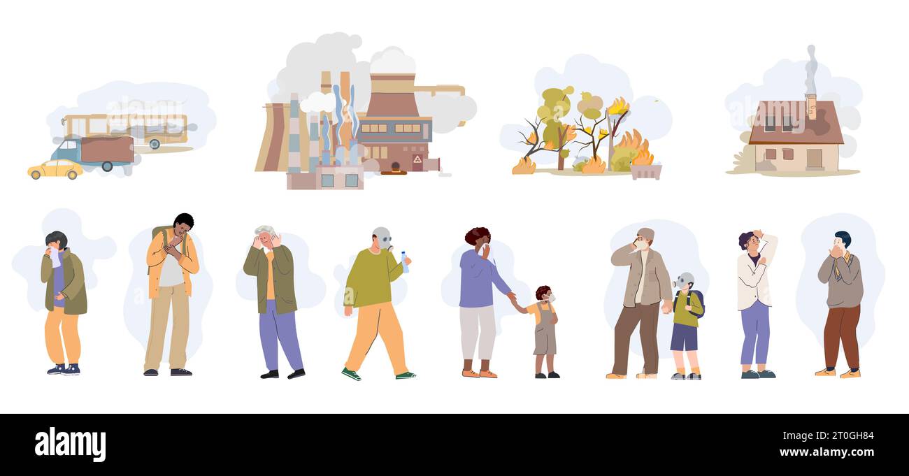 City smog set of flat icons and isolated views of houses trees cars and ...