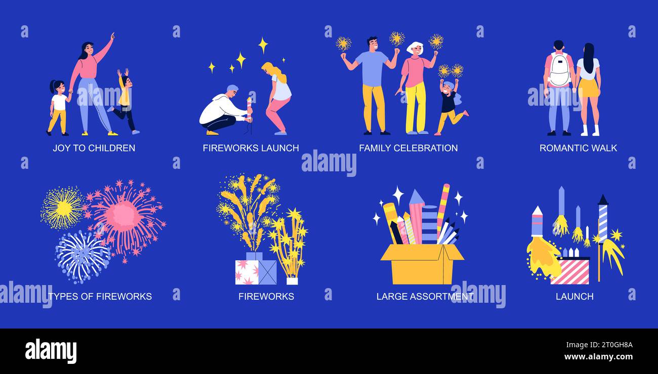 Firework flat icons set with people using and watching pyrotechnic items isolated vector ...
