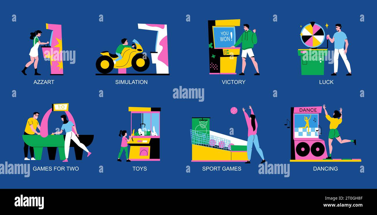 Game machines flat icons set with happy winning people isolated vector ...