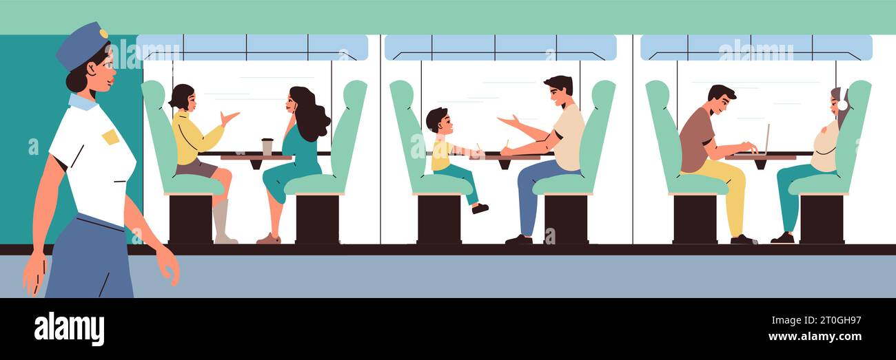 Railway station flat concept with passengers in train interior vector ...