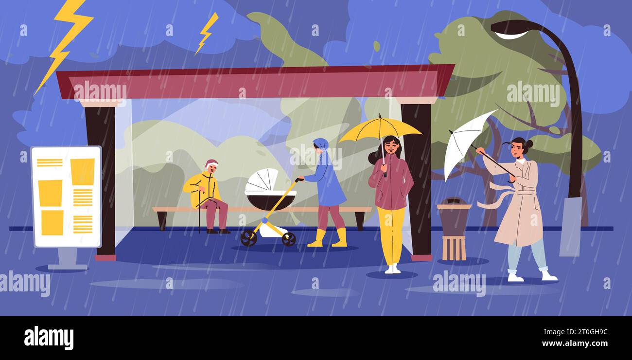 Rain storm flat concept with people hiding at bus stop vector ...