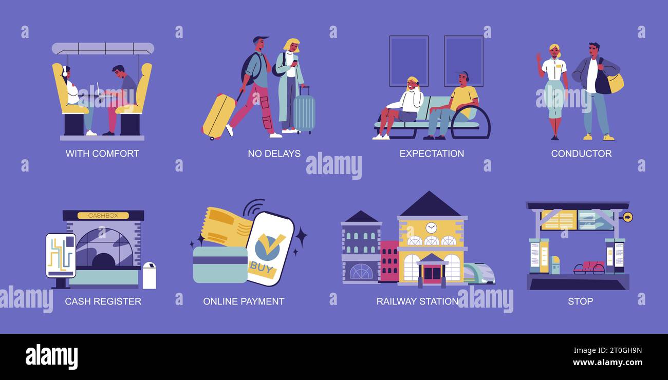 Railway station icons set with cash register and online payment ...