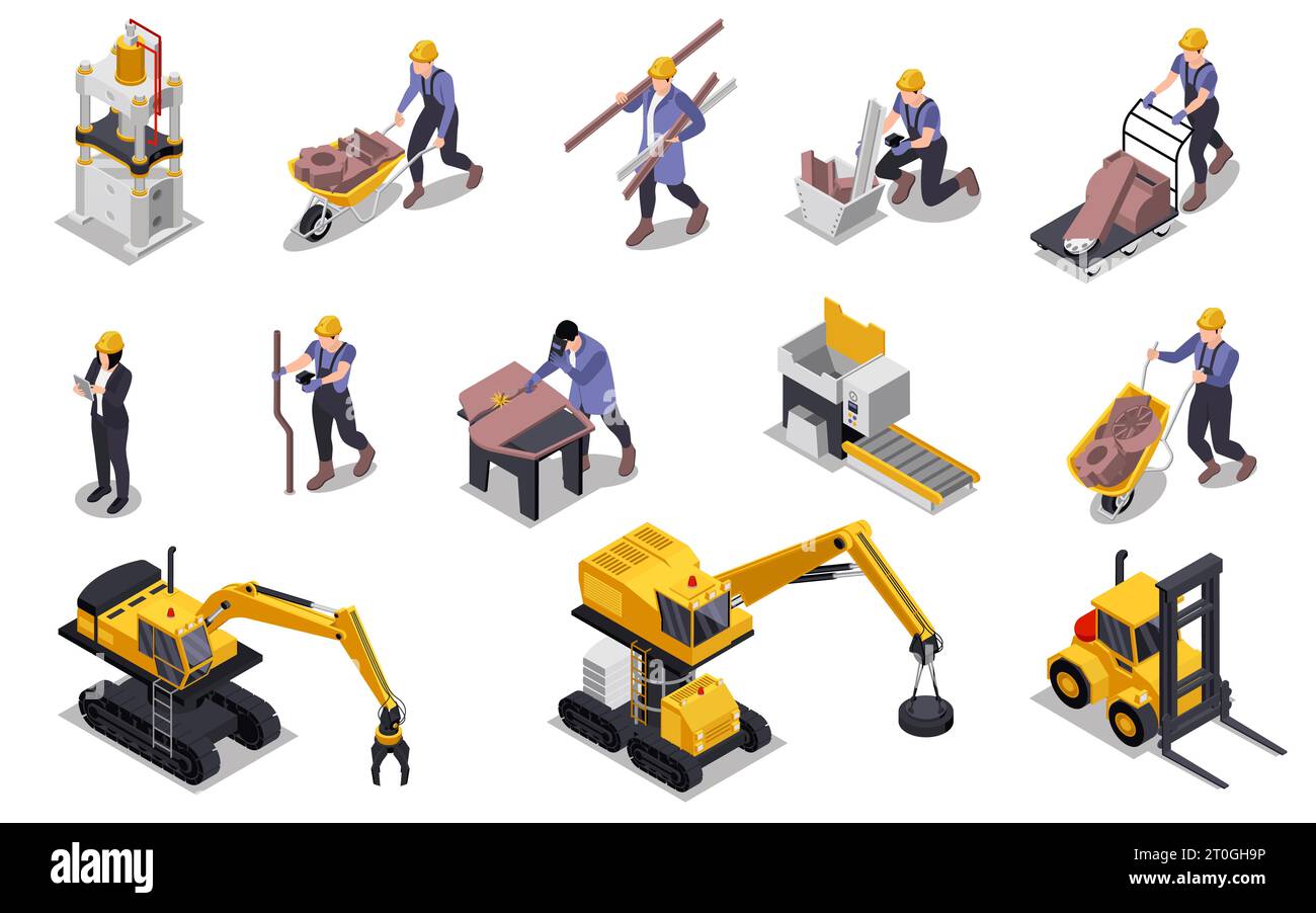 Scrap metal set with work and equipment symbols isometric isolated ...