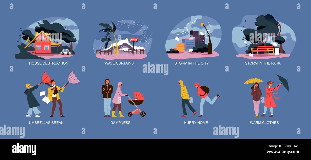 Rain storm flat composition set with people in waterproof clothers and ...