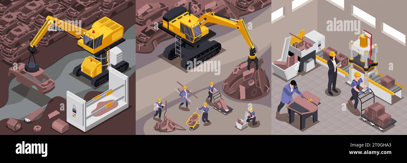 Scrap metal set with garbage and conveyor symbols isometric isolated ...