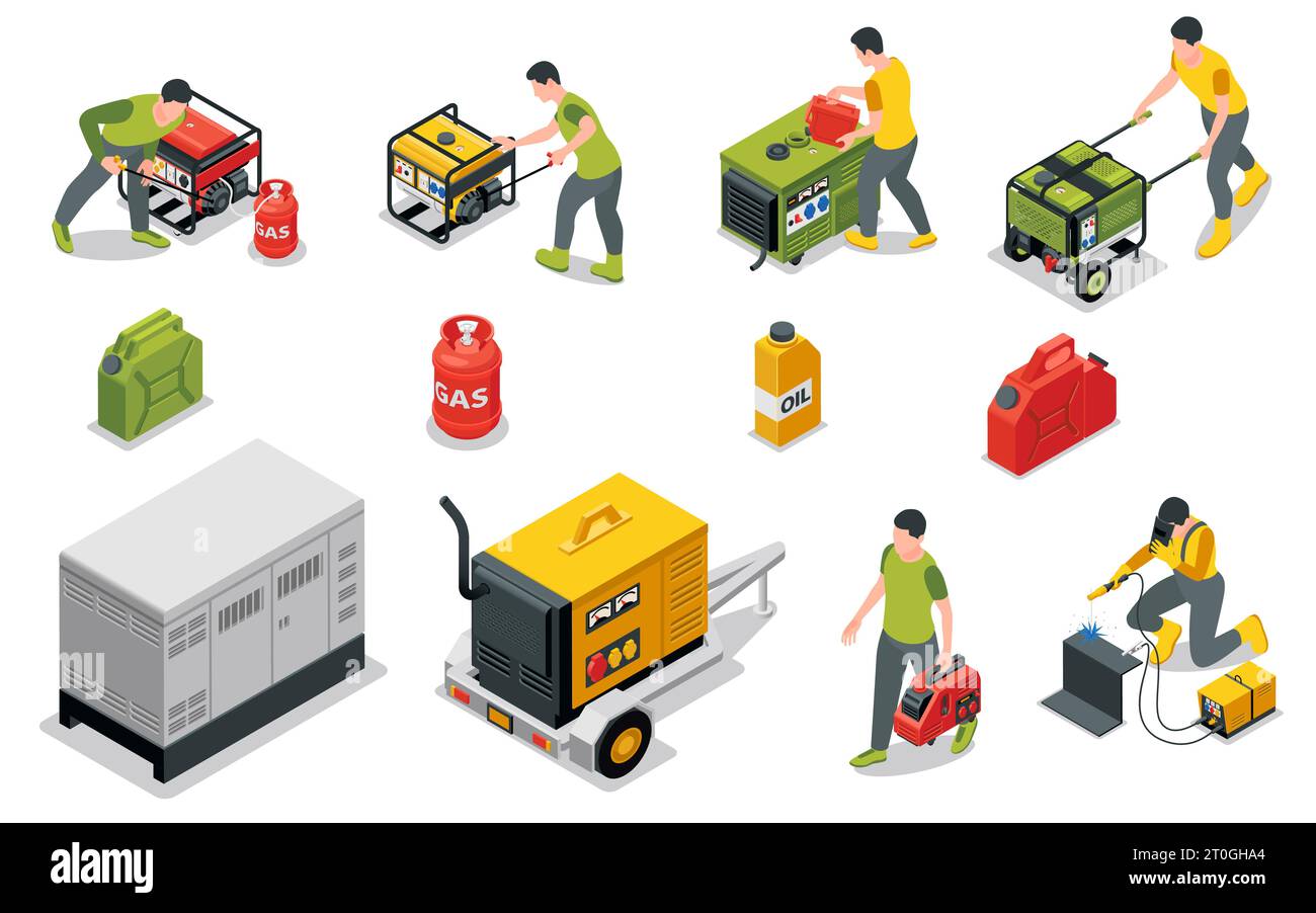 Electric generator set with fuel and power symbols isometric isolated ...
