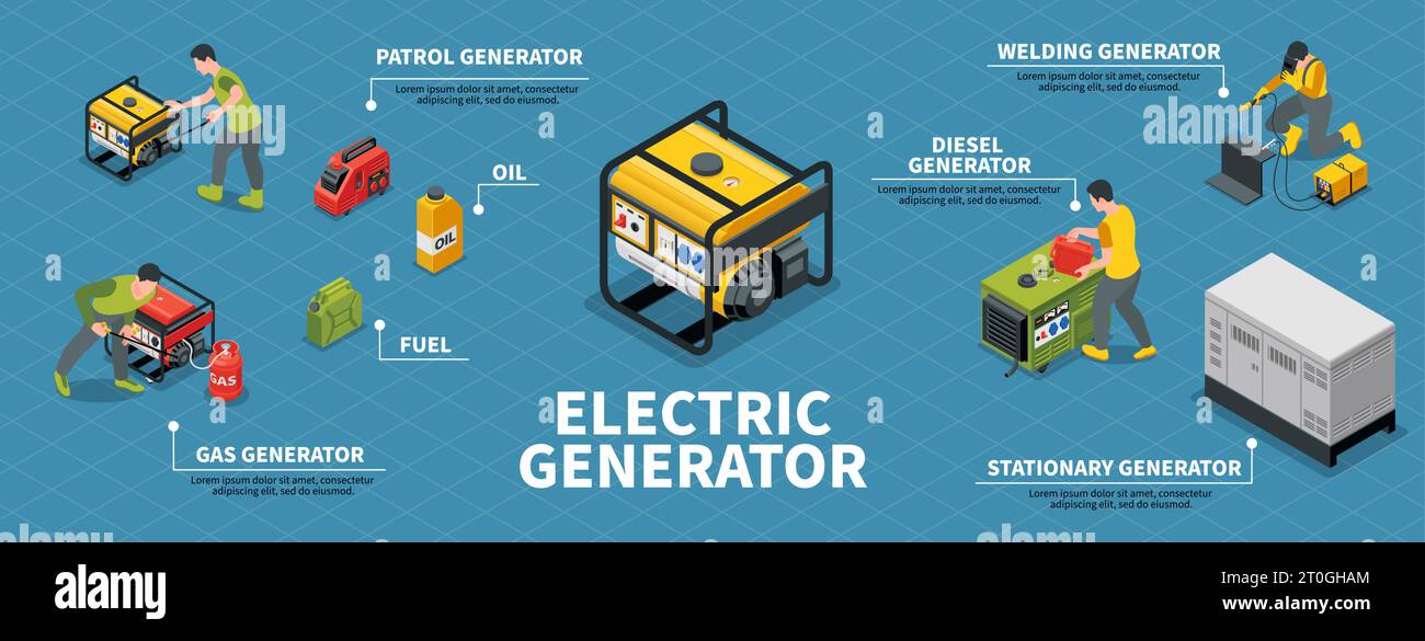 Electric generator infographic set with fuel and oil symbols isometric ...