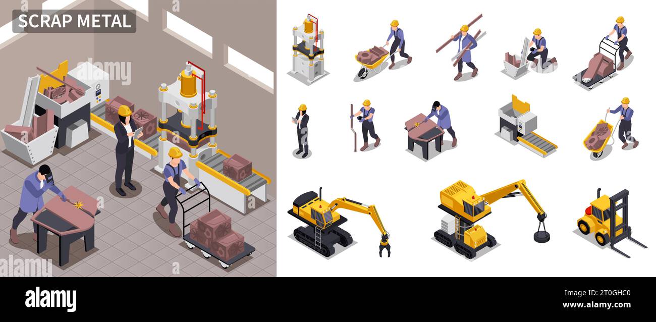 Scrap metal composition with forklift and loader symbols isometric ...