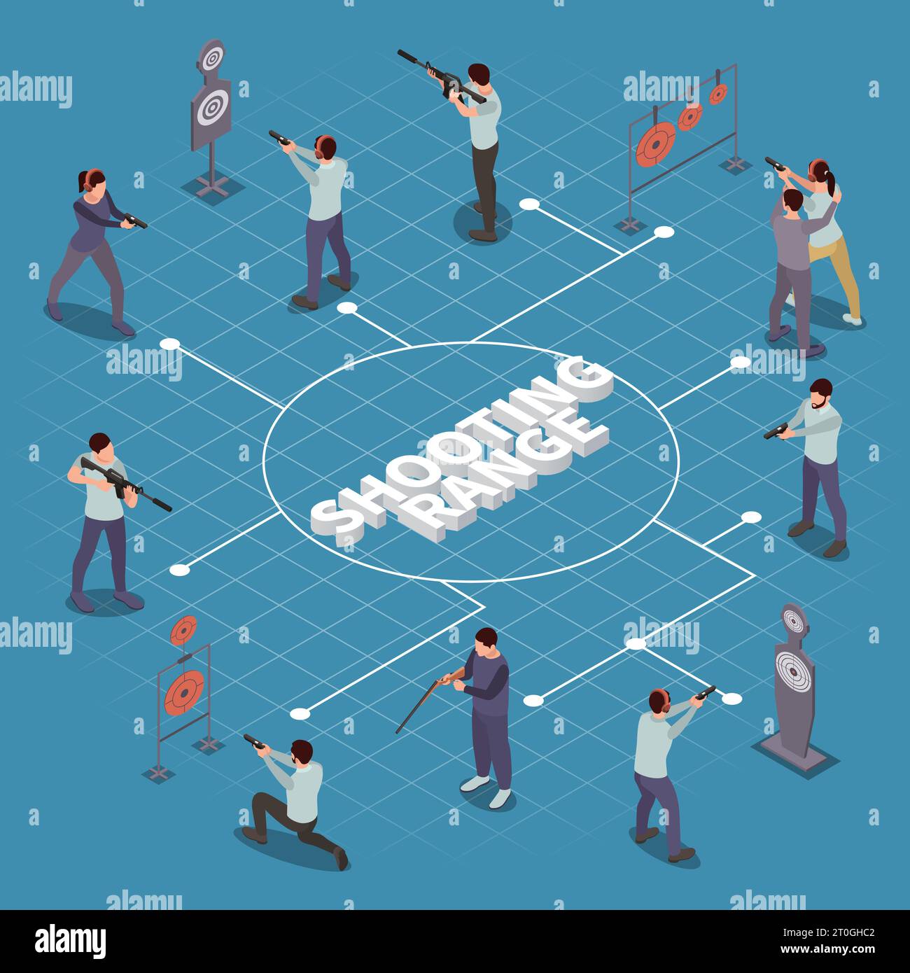 Shooting range flowchart with military practice symbols isometric ...