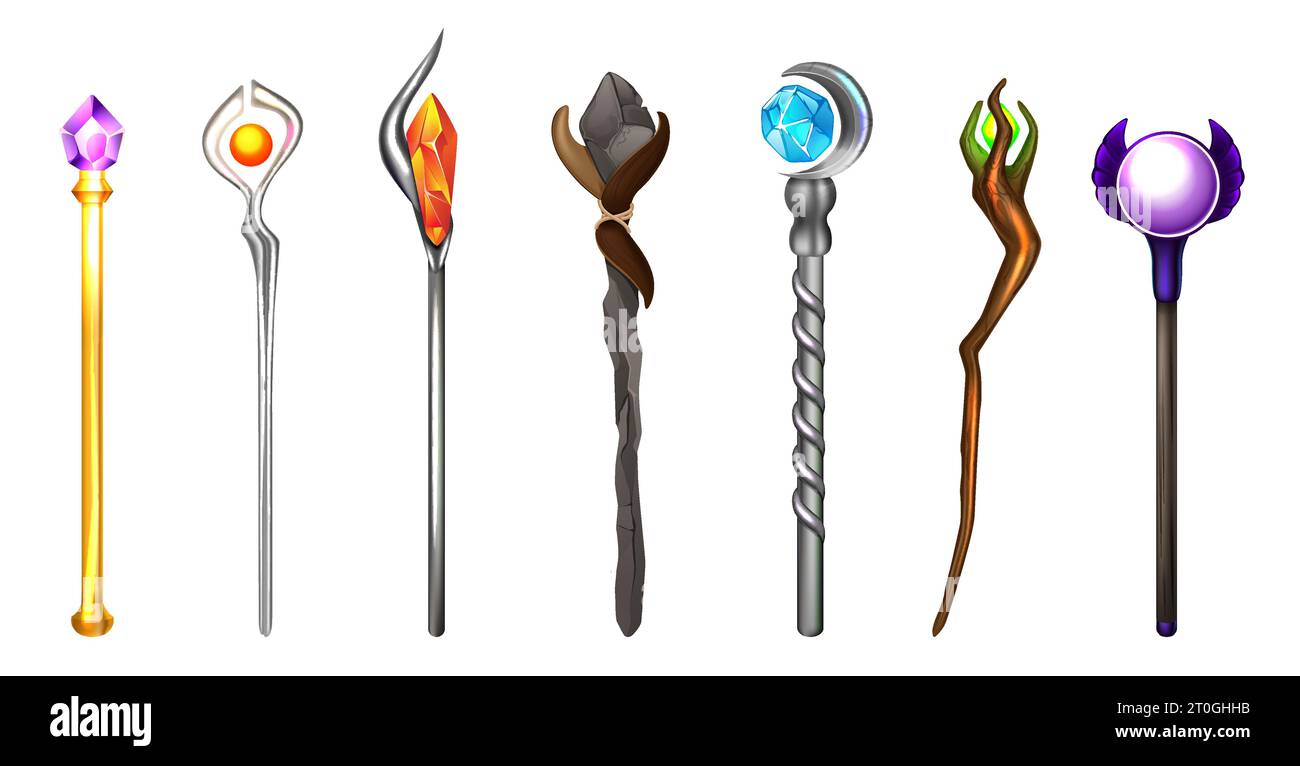 Collection of magic wands decorated with precious stones realistic set ...