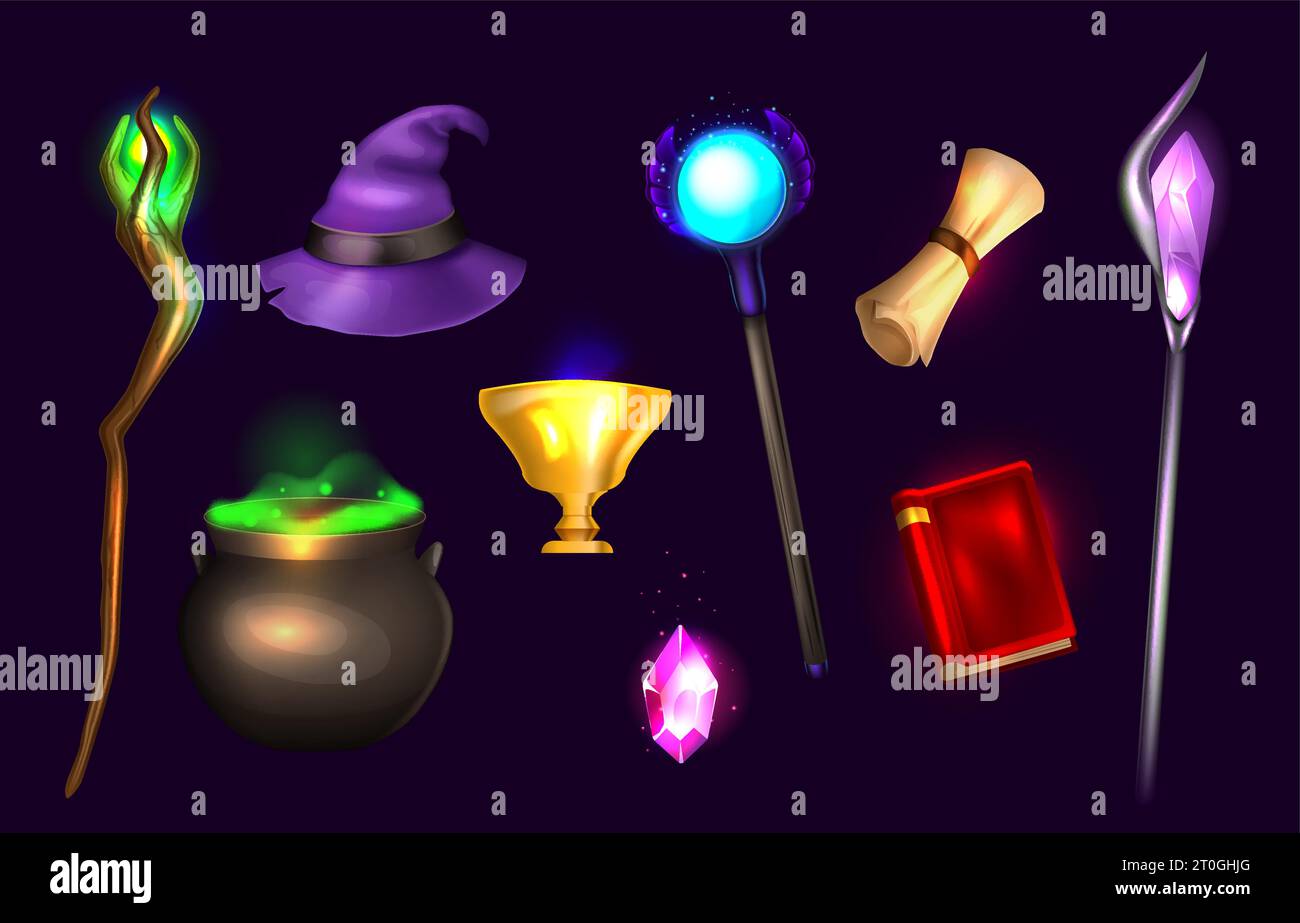 Wizard staff realistic set of alchemy book witch cauldron with magical ...