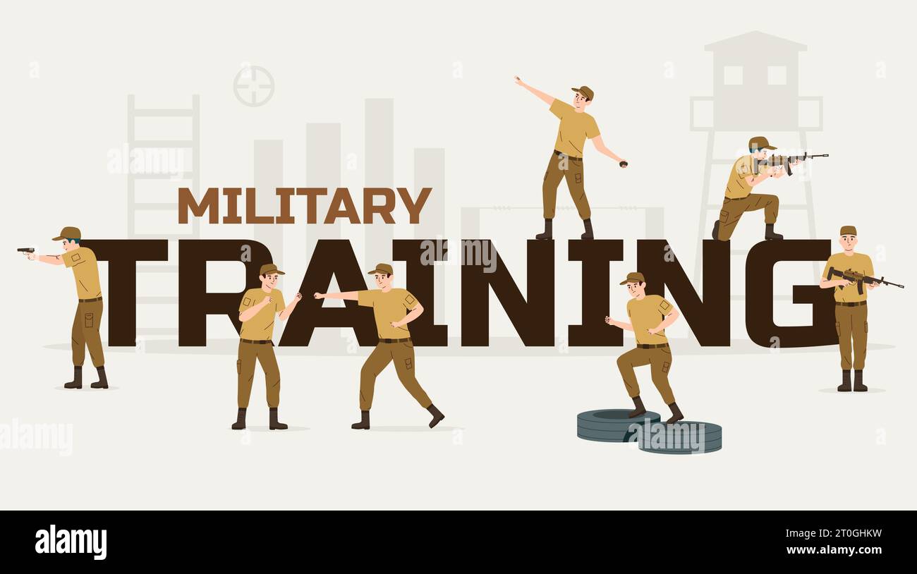 Military training flat text composition with fighting shooting fleeing ...