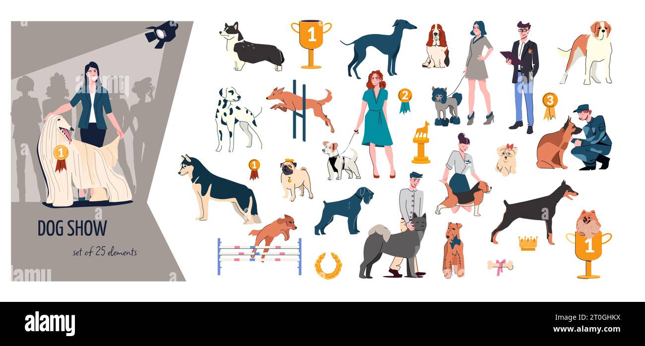 Dog show flat colored composition with dog breeds awards owners with ...