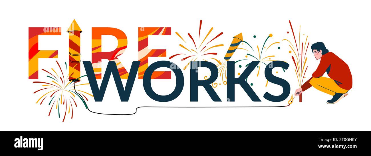 Pyrotechnics fireworks launch flat text composition man sets fire to ...