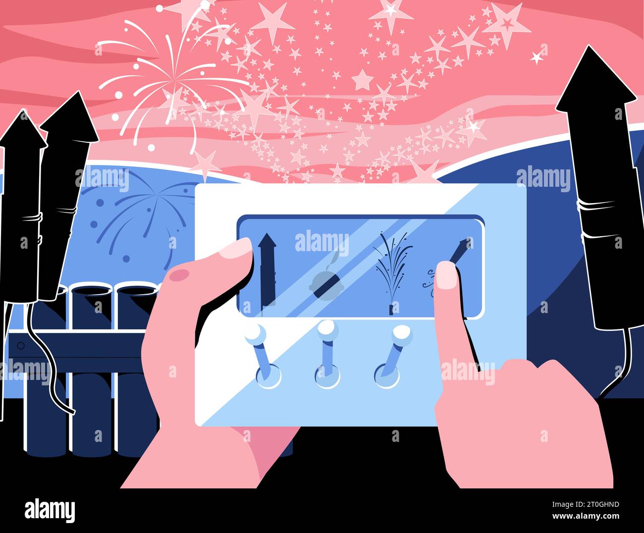 Pyrotechnics fireworks launch flat concept a man controls the remote ...