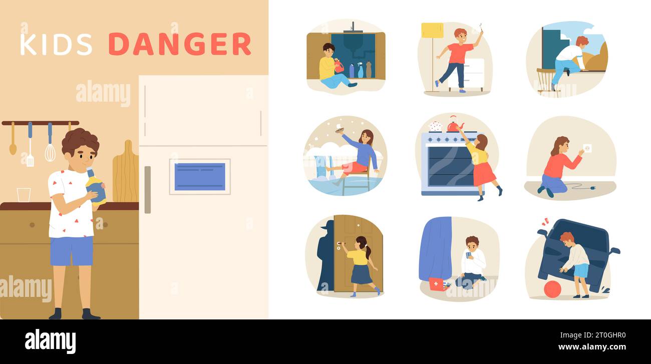 Children in dangerous situations flat icons set isolated vector ...