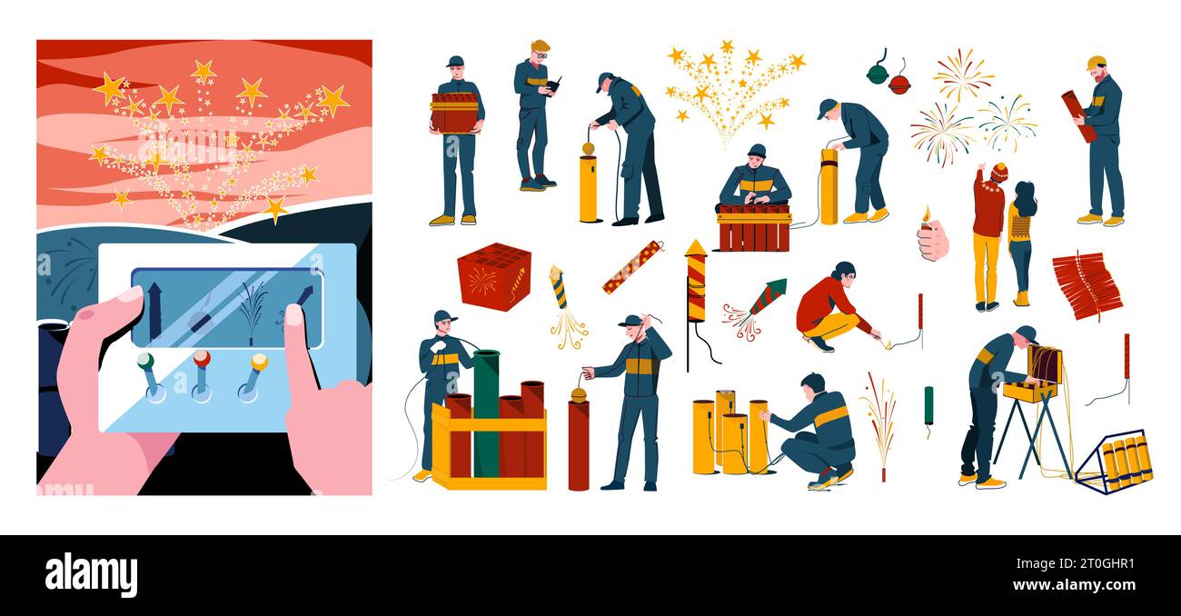 Pyrotechnics fireworks launch flat composition set with men in uniforms ...