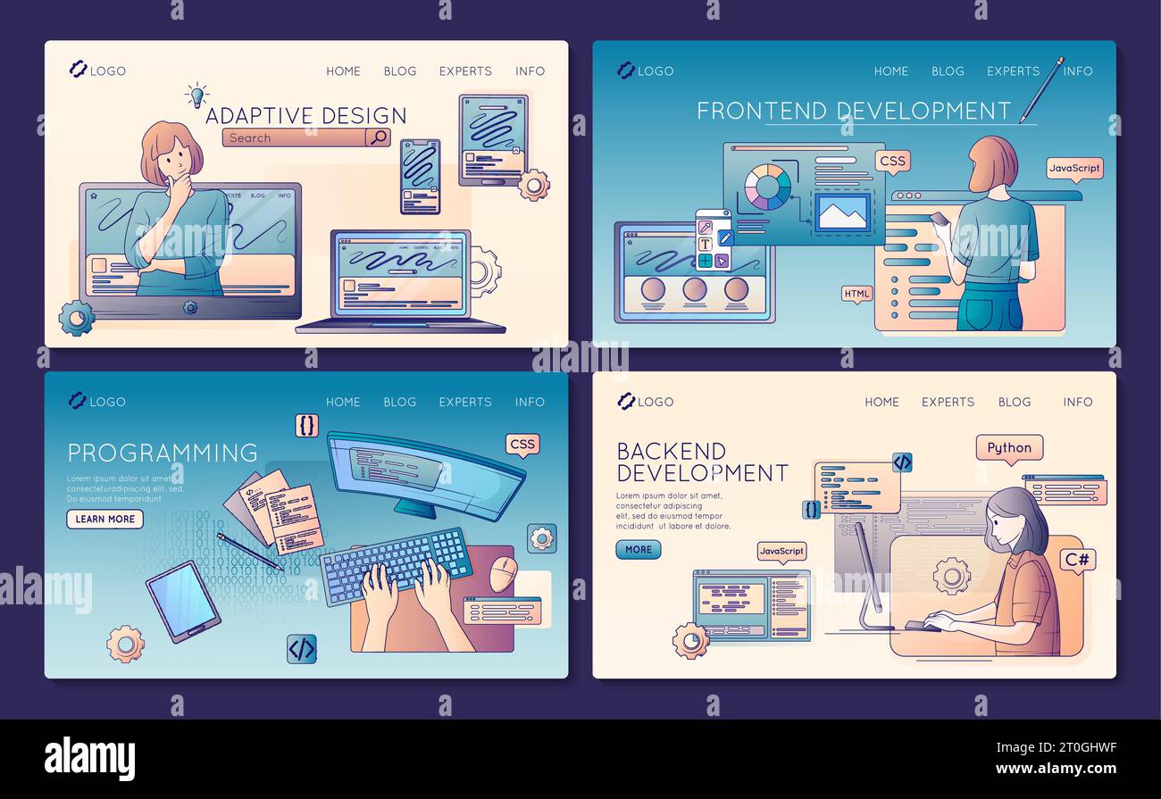 Software Development Flat Line Set Of Web Site Landing Pages With Clickable Links Text And