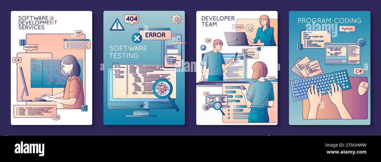 Set of four software development flat line compositions with pictogram ...