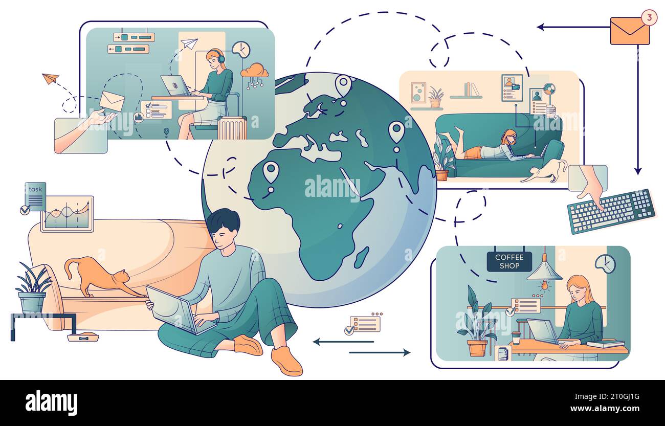 Remote management distant work flat line composition with earth globe ...