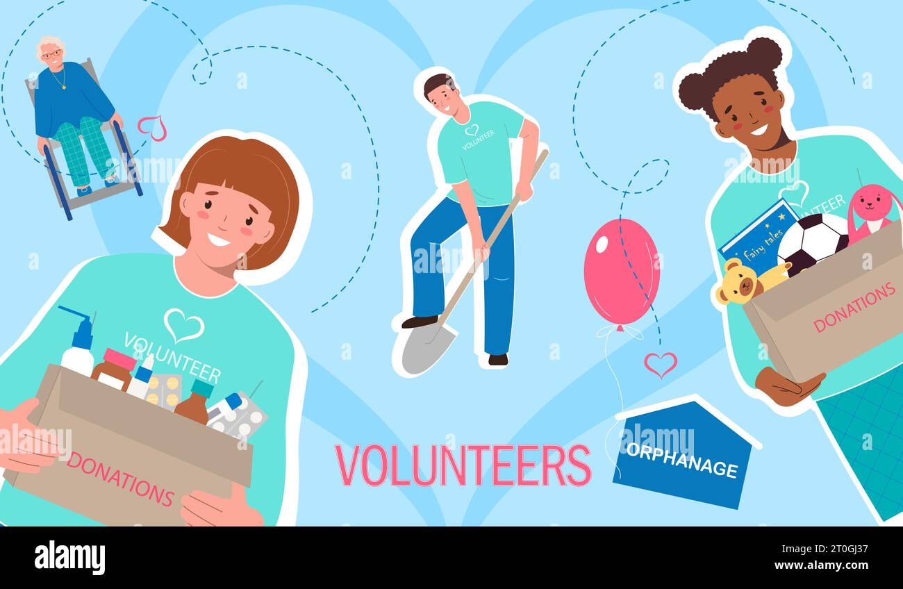 Volunteering flat collage with happy elderly man people collecting ...