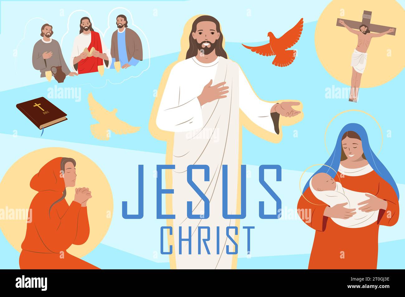 Jesis christ life flat collage with his mother mary and crucifixion vector illustration Stock ...