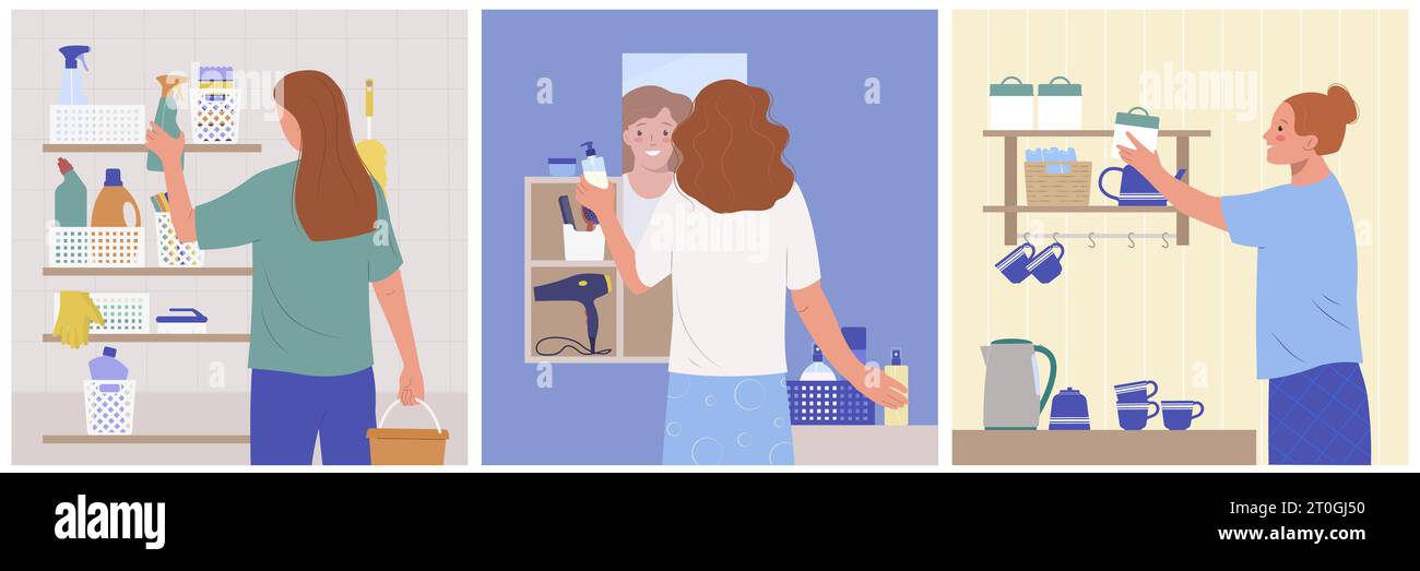 Storage room set with woman organizing things in bathroom laundry and ...