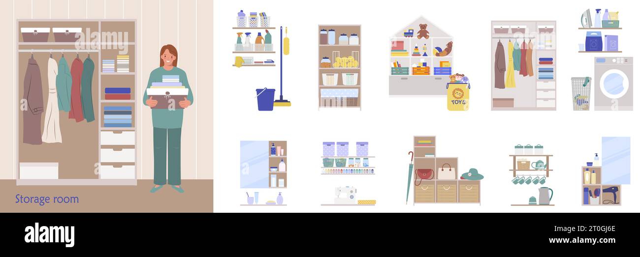 Flat composition set of various storage rooms interior elements ...
