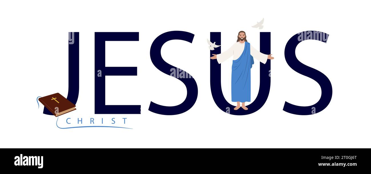 Jesus christ flat text with holy bible and flying white doves vector ...