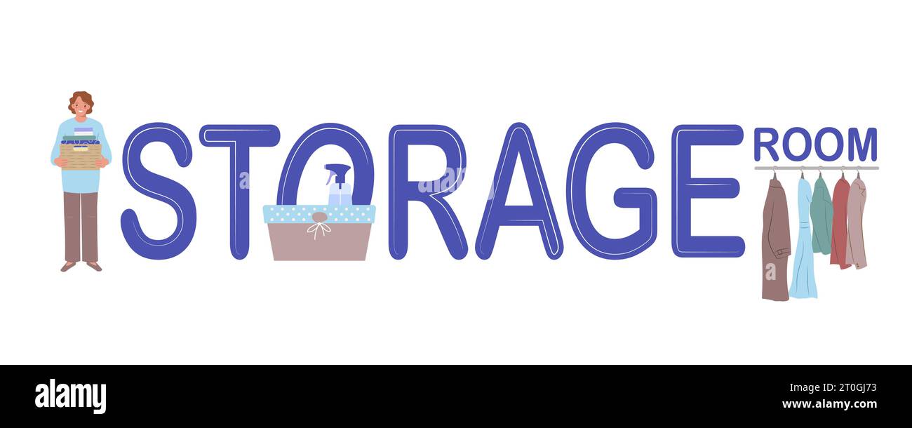 Storage room flat composition with text and images of woman holding ...