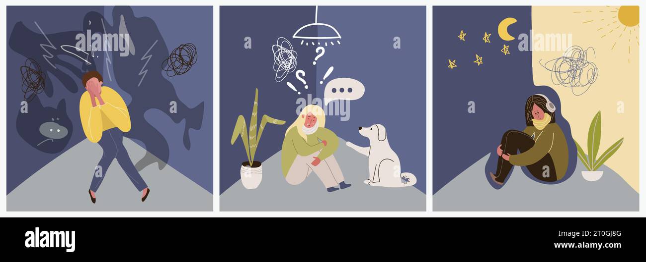 Mental disorders set of three square compositions with doodle style ...