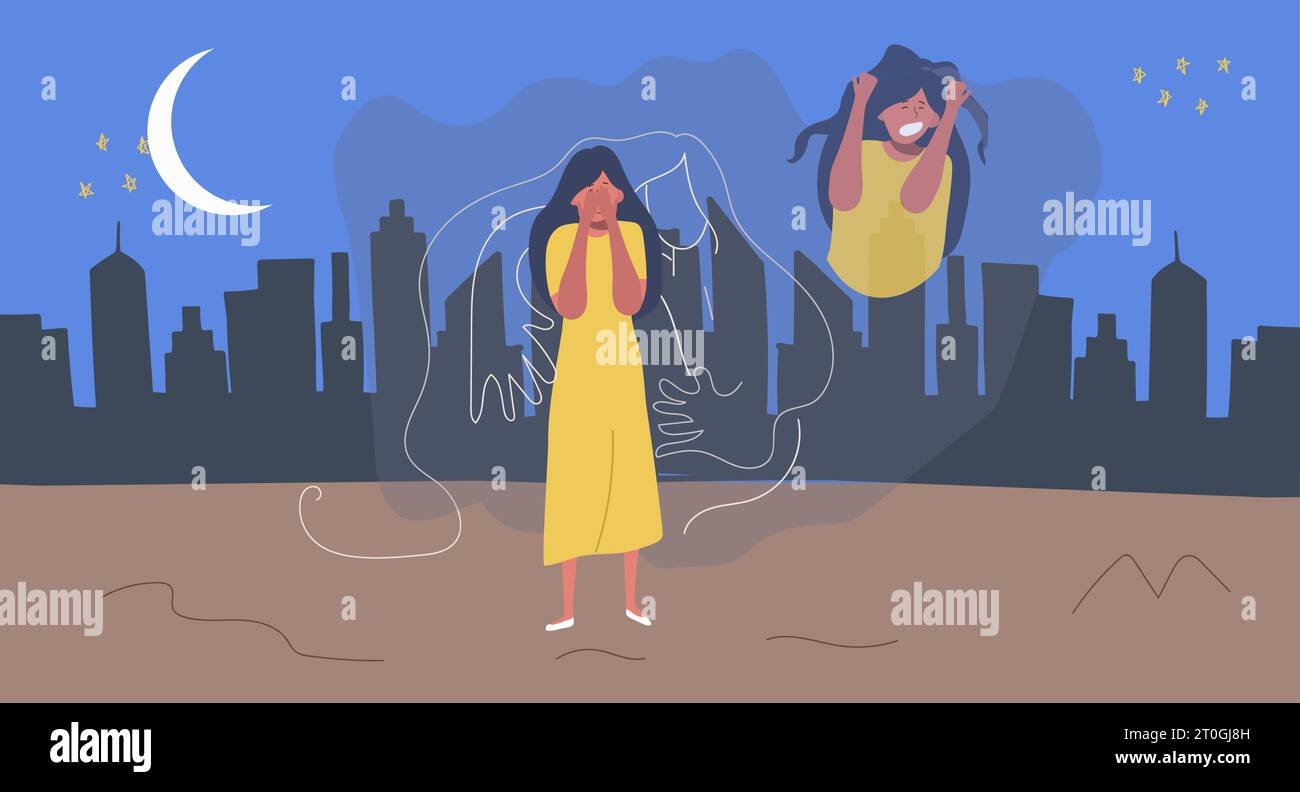 Mental disorders flat composition with night cityscape scenery and ...