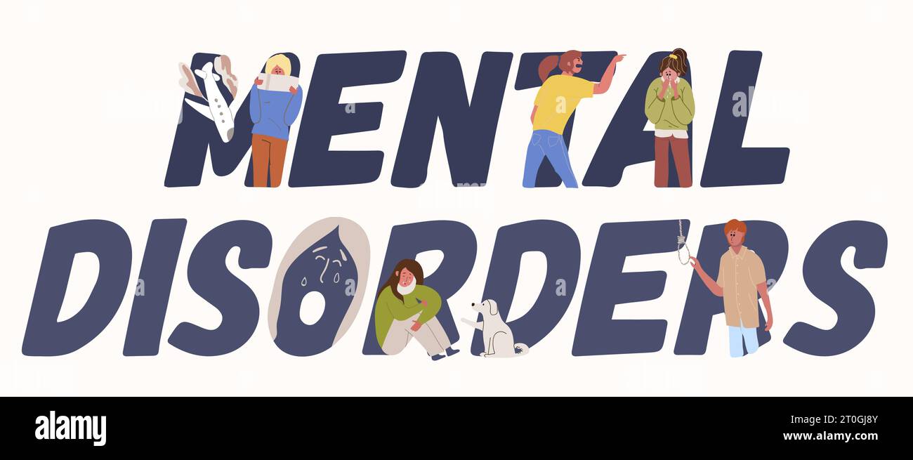 Mental disorders composition with flat text and doodle characters of ...